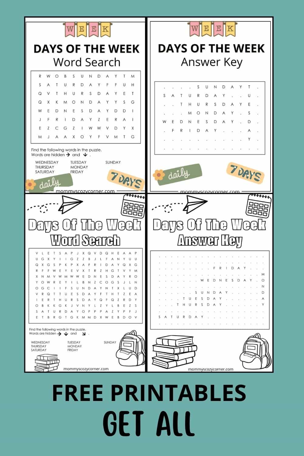 2 Days Of The Week Word Search Printables With Answer Key