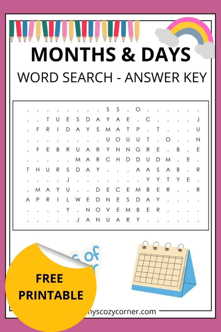 2 Months And Days Word Search Printables With Answer Key