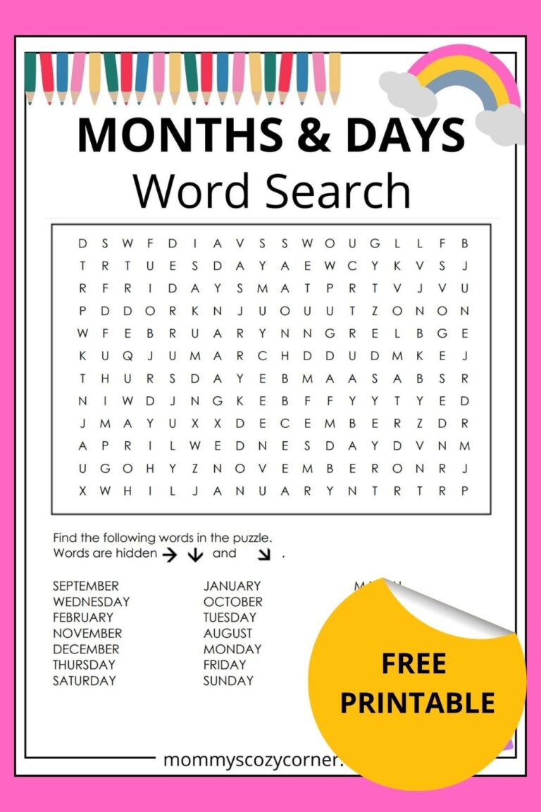 2 Months And Days Word Search Printables With Answer Key