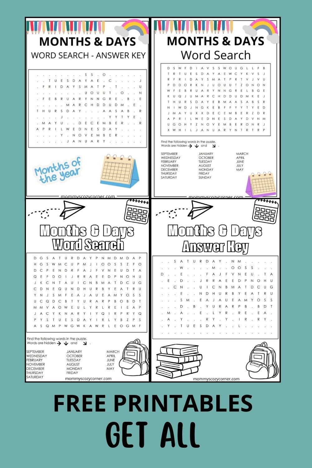 2 Months And Days Word Search Printables With Answer Key