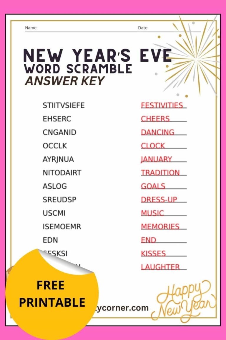 2 New Year's Eve Word Scramble Printables With Answer Key
