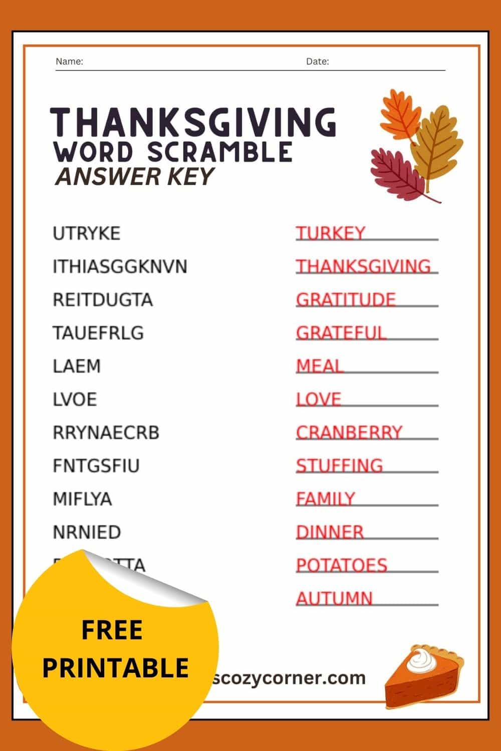 Thanksgiving Double Word Scramble Printable With Answer Key