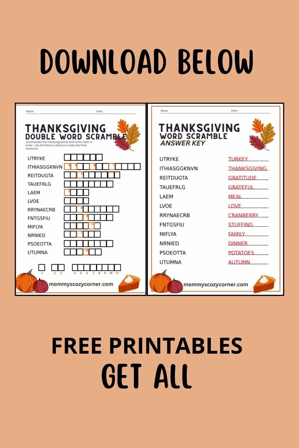 Thanksgiving Double Word Scramble Printable With Answer Key