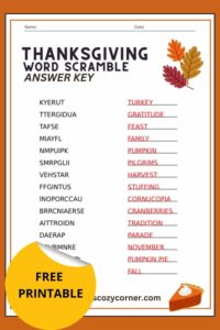 2 Thanksgiving Word Scramble Printables With Answer Key