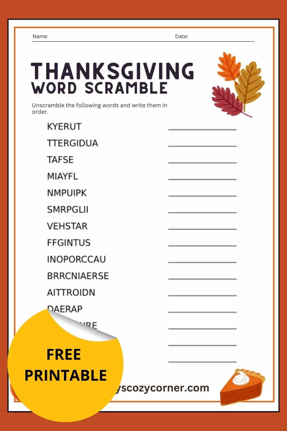 2 Thanksgiving Word Scramble Printables With Answer Key