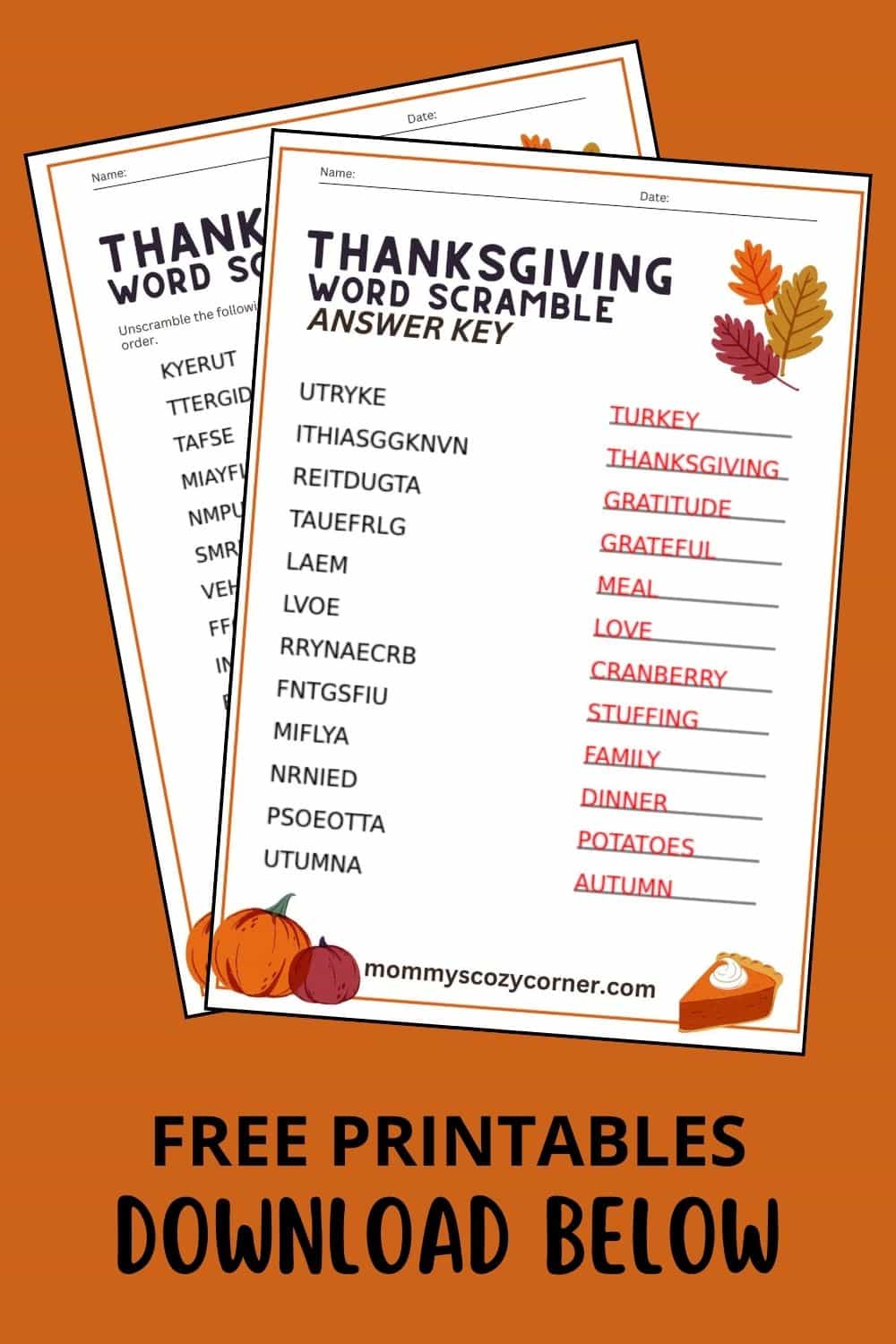 2 Thanksgiving Word Scramble Printables With Answer Key