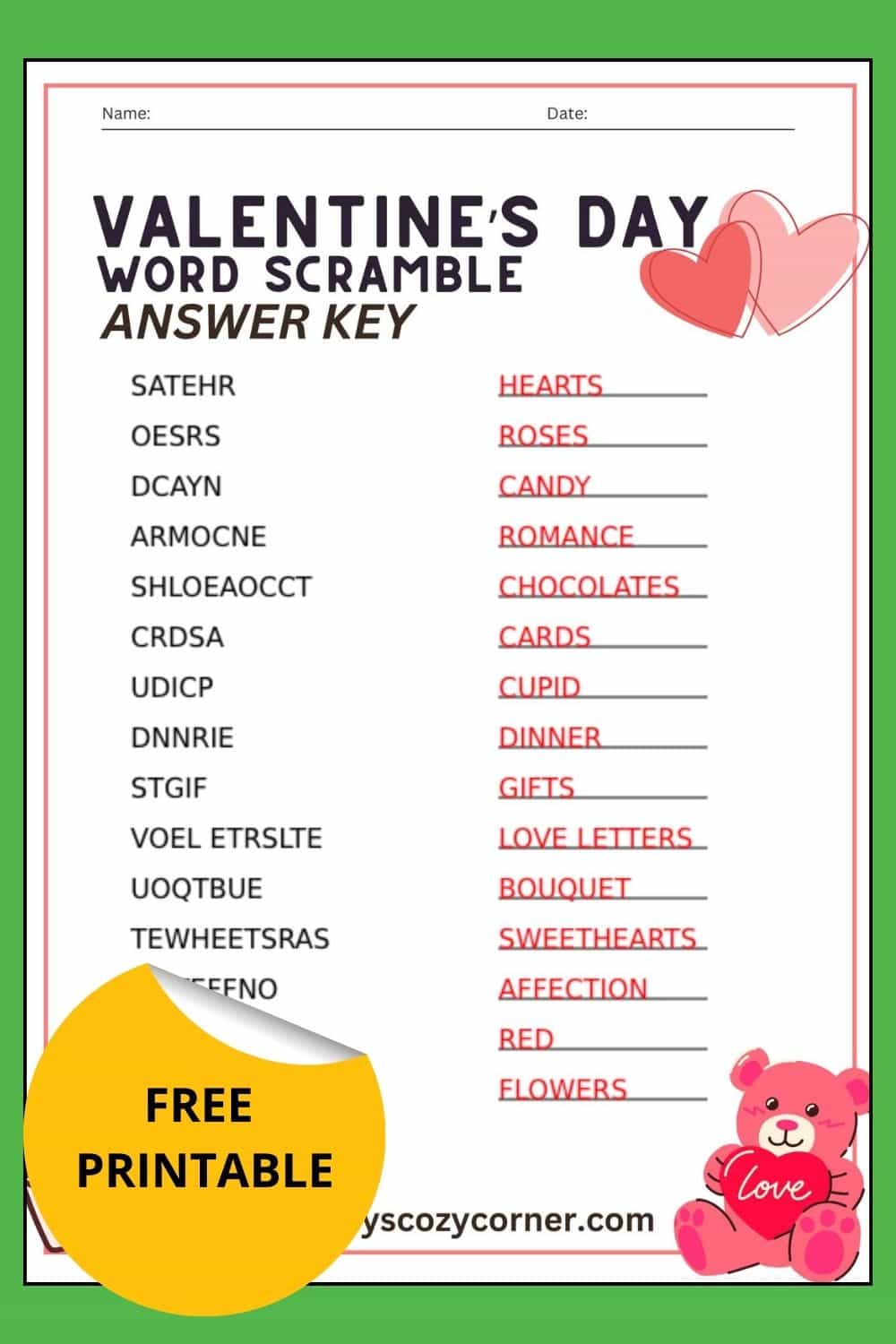 2 Valentine's Day Word Scramble Printables With Answer Key