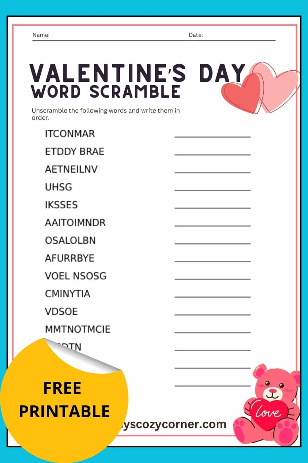 2 Valentine's Day Word Scramble Printables With Answer Key