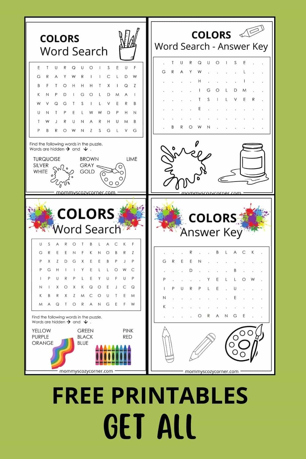 3 Colors Word Search Printables For Kids With Answer Keys