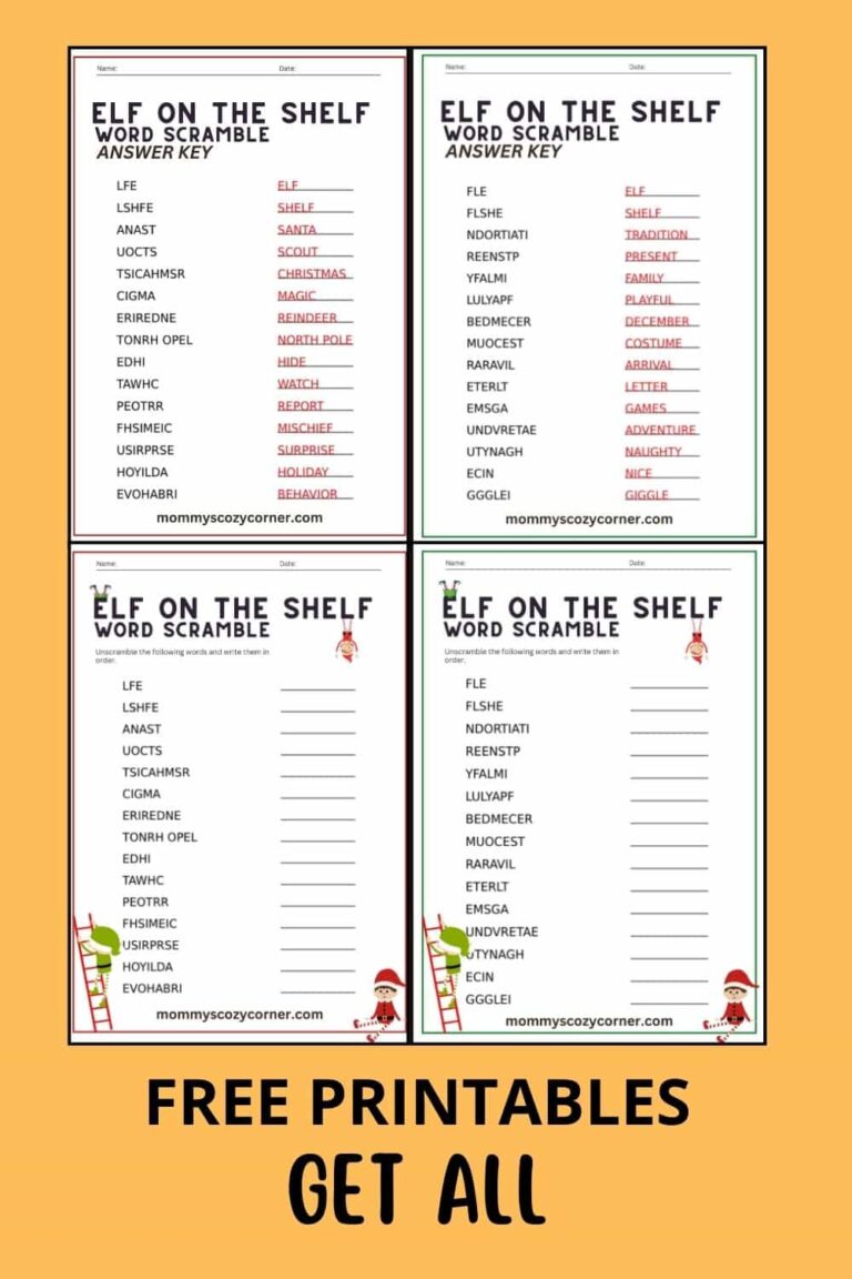 2 Free Elf On The Shelf Word Scramble With Answer Keys Printables