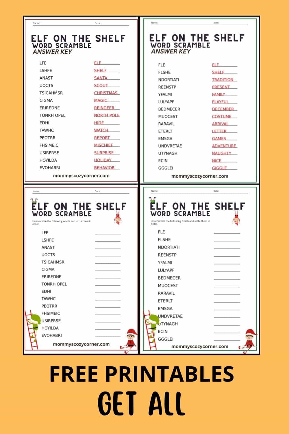 2 Free Elf On The Shelf Word Scramble With Answer Keys Printables