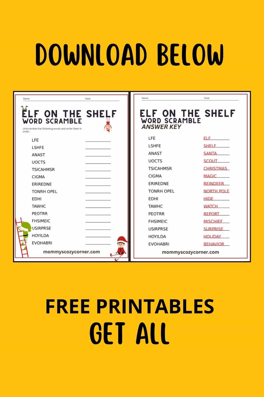 2 Free Elf On The Shelf Word Scramble With Answer Keys Printables