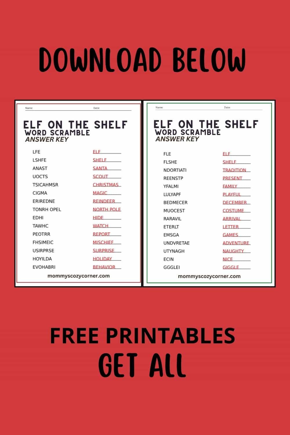 2 Free Elf On The Shelf Word Scramble With Answer Keys Printables