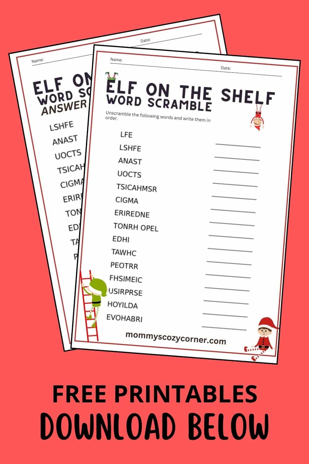 2 Free Elf On The Shelf Word Scramble With Answer Keys Printables