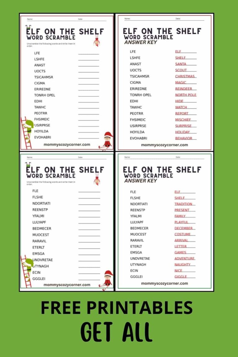 2 Free Elf On The Shelf Word Scramble With Answer Keys Printables