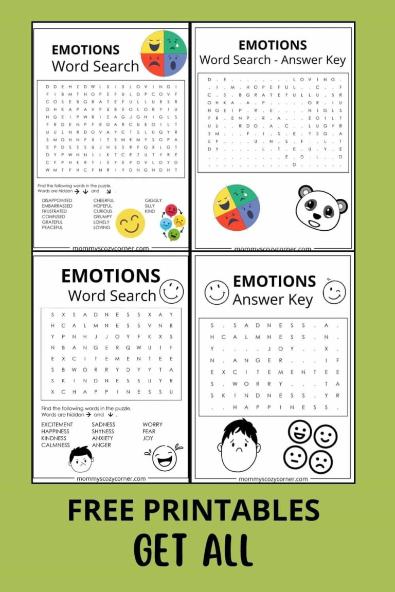 4 Emotions Word Search Printables For Kids With Answer Keys