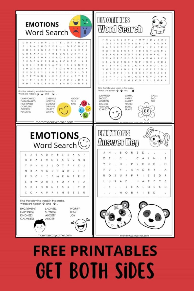 4 Emotions Word Search Printables For Kids With Answer Keys