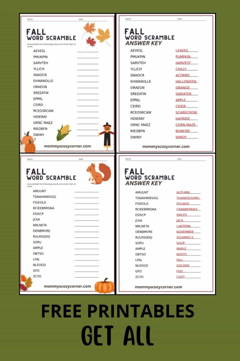 2 Free Fall Word Scramble Printables With Answer Keys