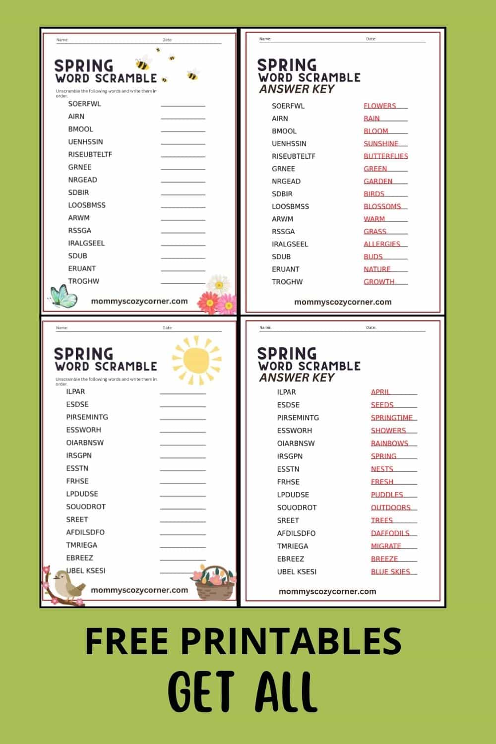 2 Spring Word Scramble Printables With Answer Keys