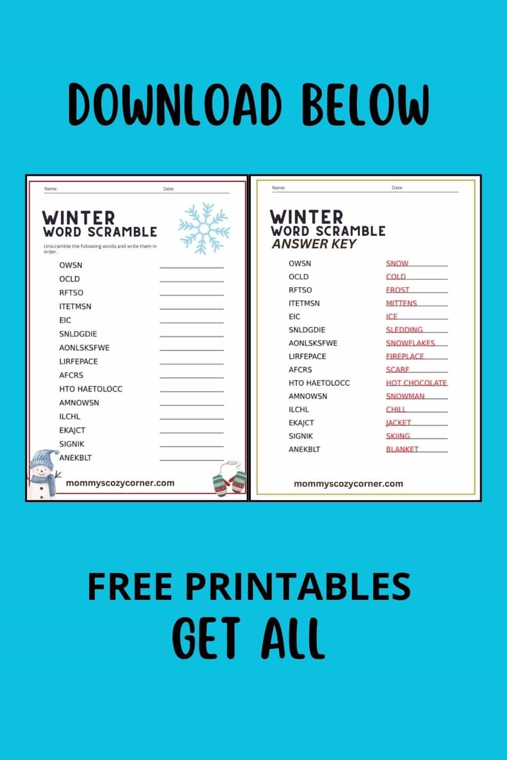 2 Winter Word Scramble Printables With Answer Keys