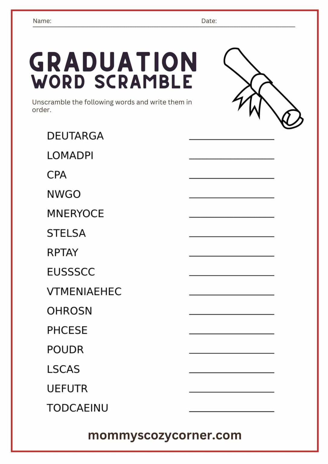 2 Graduation Word Scramble Worksheets With Answer Keys