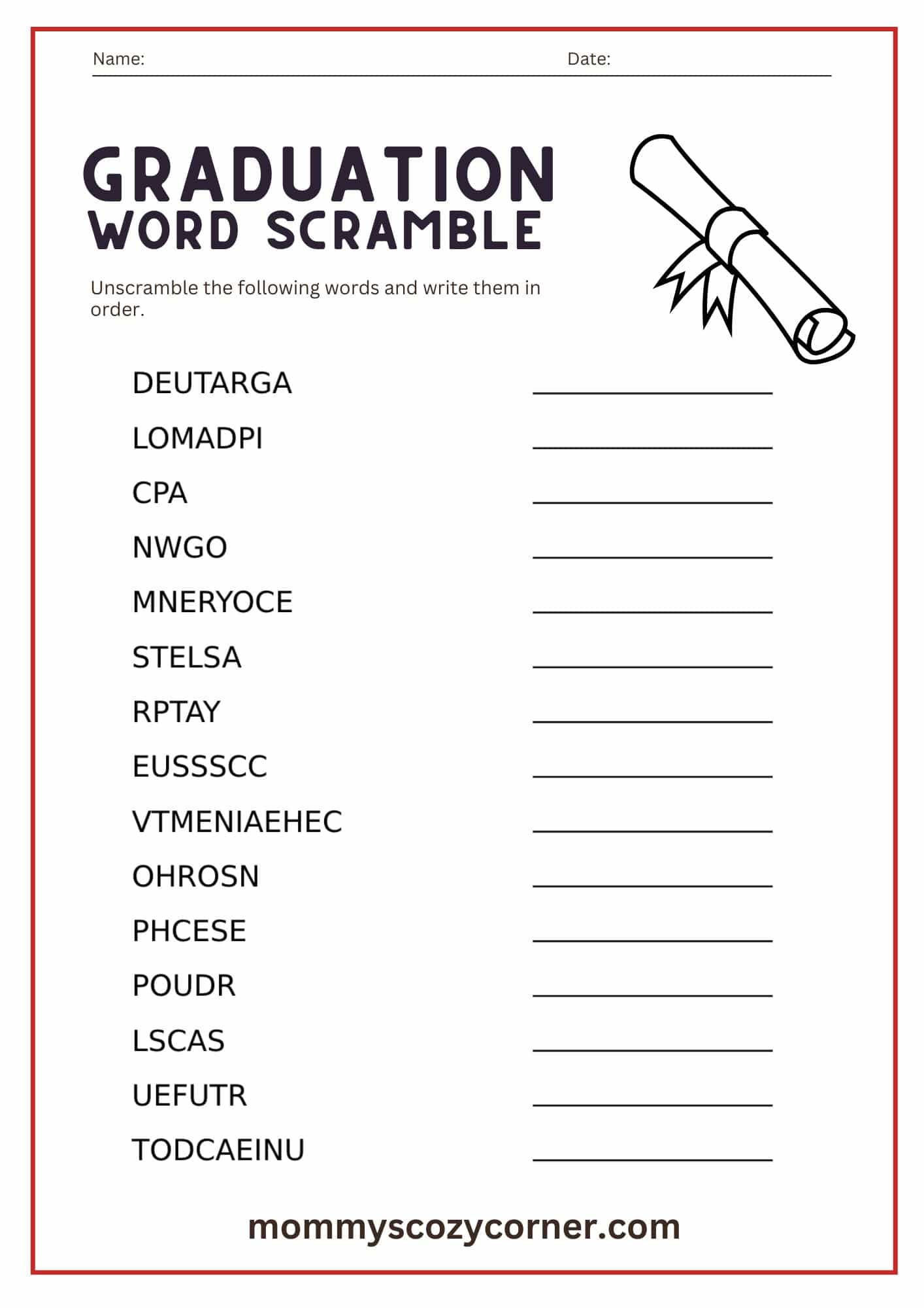 2 Graduation Word Scramble Worksheets With Answer Keys