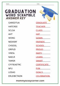 2 Graduation Word Scramble Worksheets With Answer Keys