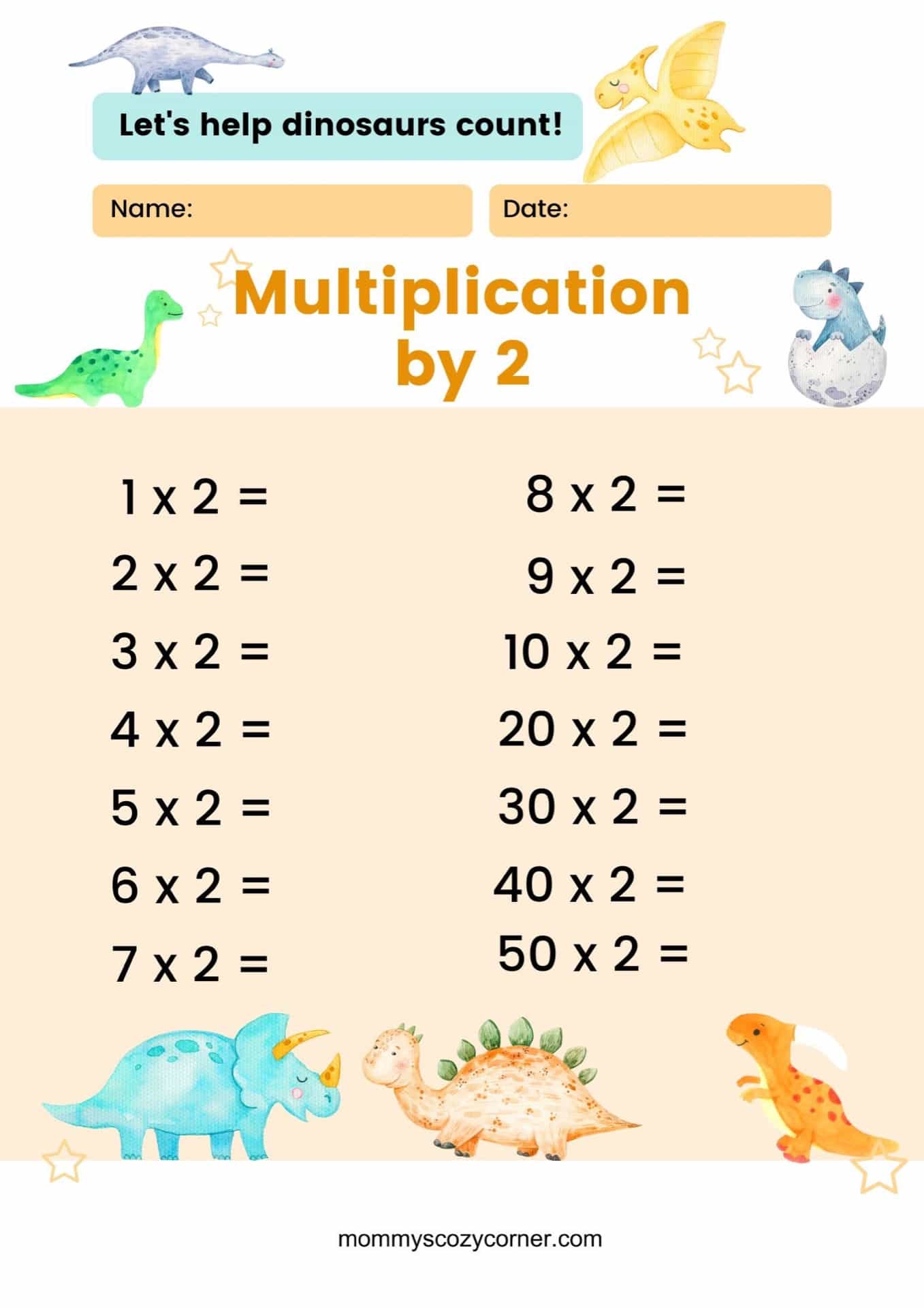 Free Dino Multiplication Worksheet By 2