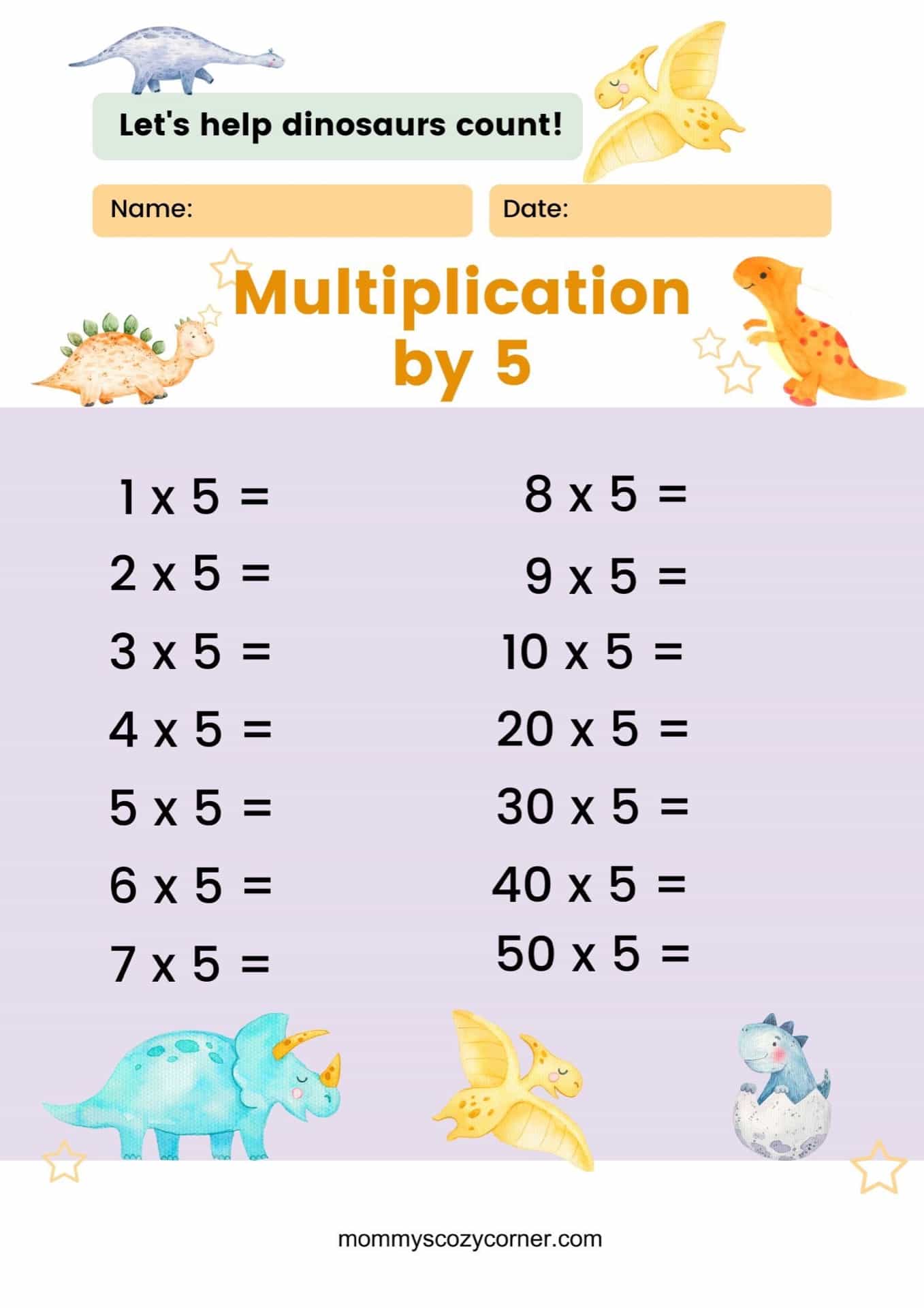 Free Dino Multiplication Worksheet By 5
